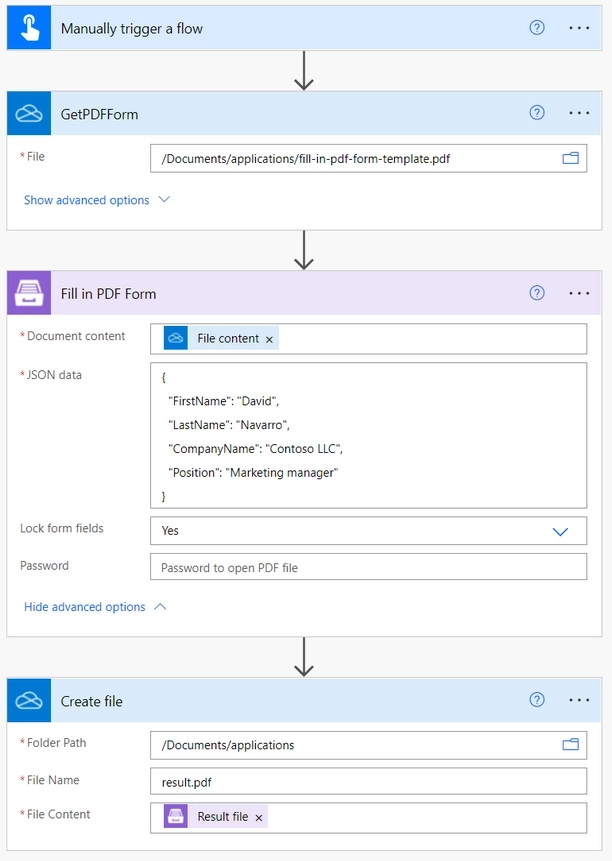 How to fill in and flatten PDF form in Power Automate Flow — Plumsail Documents Documentation