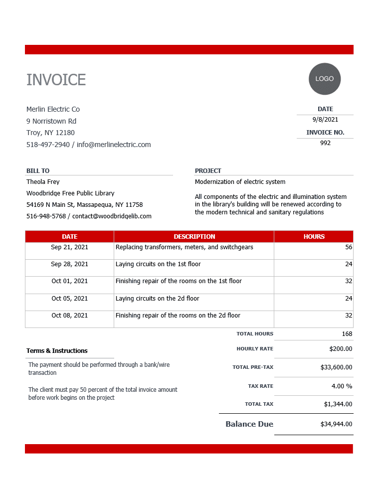 Hourly invoice free template