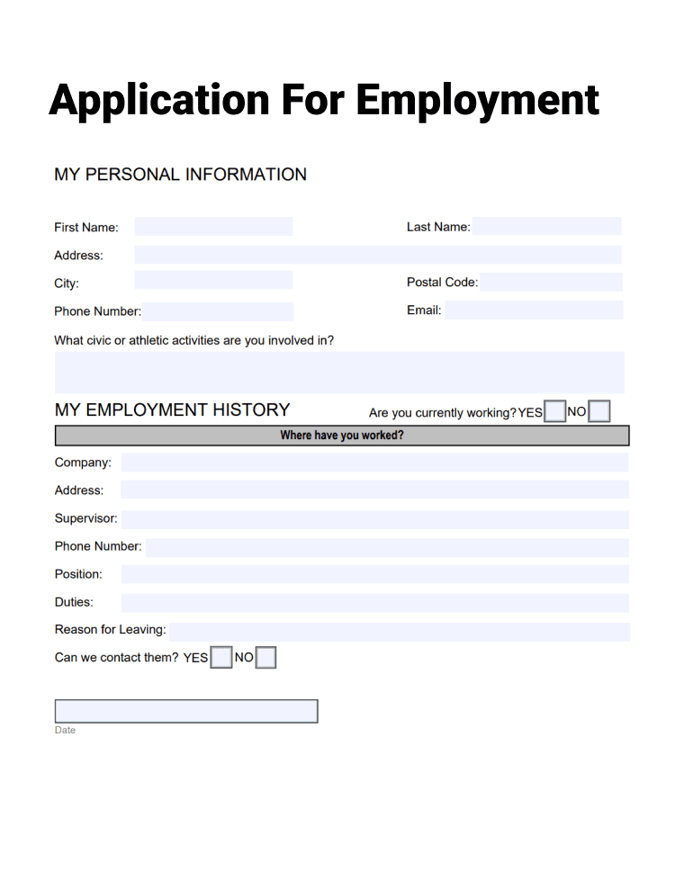 Application for employment free PDF form