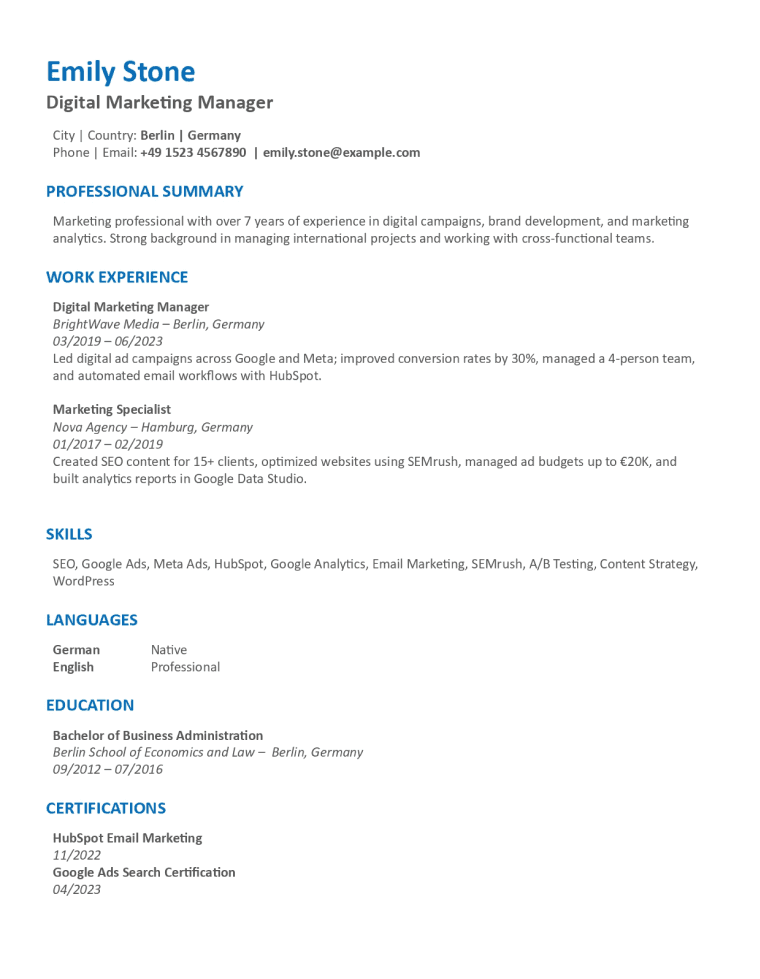Free CV template compatible with ATS systems