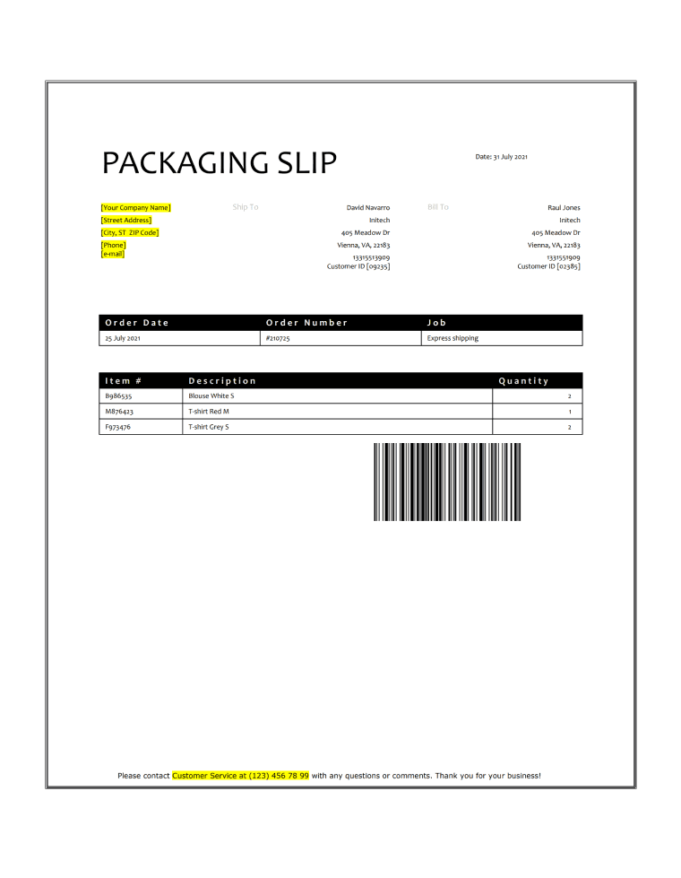 Packing slip free template
