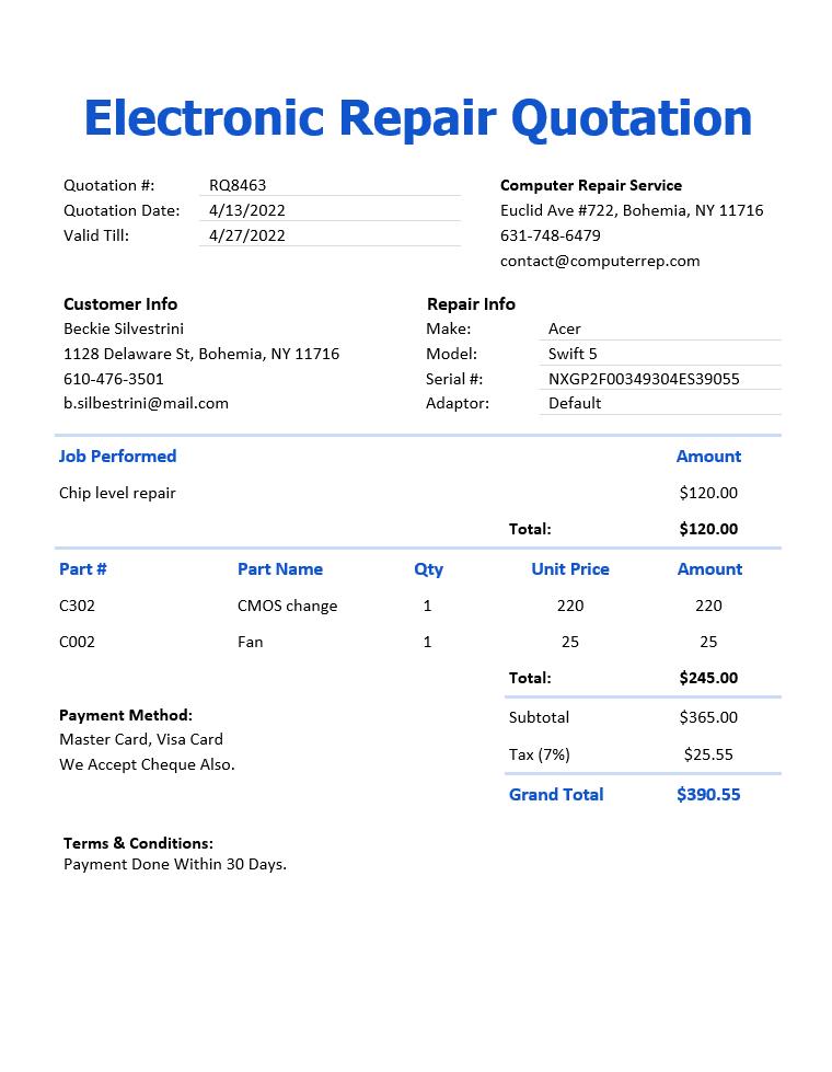 Electronic repair quotation free template