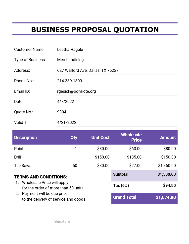Business proposal quotation free template