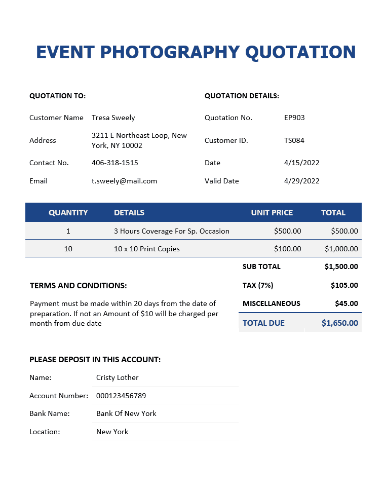 Event photography quotation free template