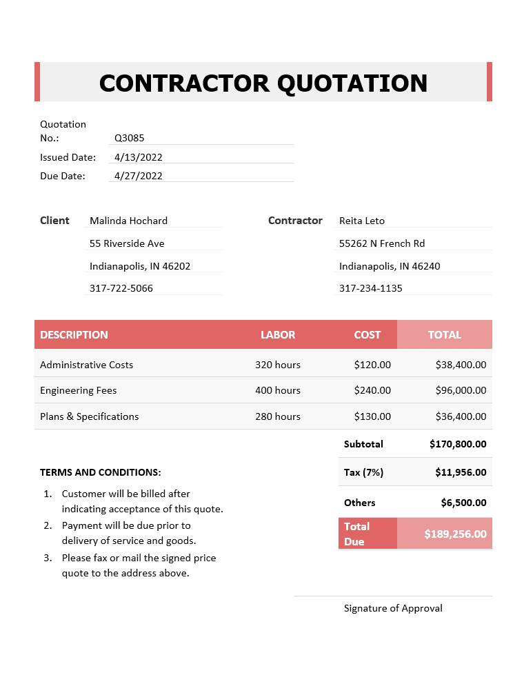 Contractor quotation free template
