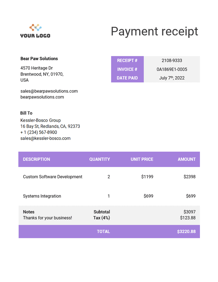 Payment receipt free template
