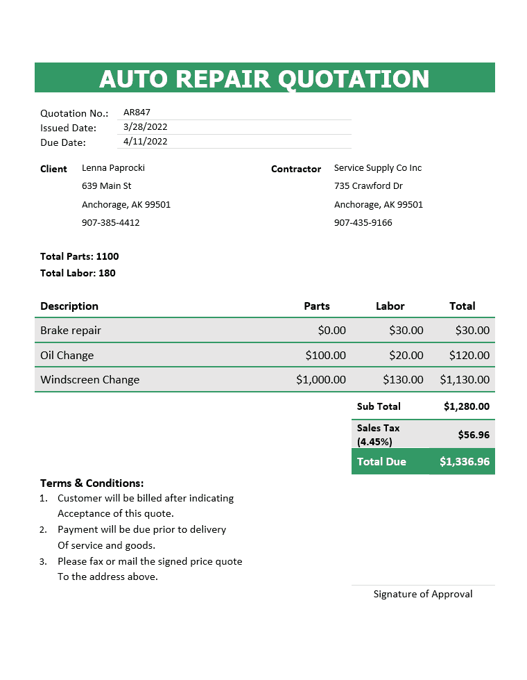 Auto repair quotation free template
