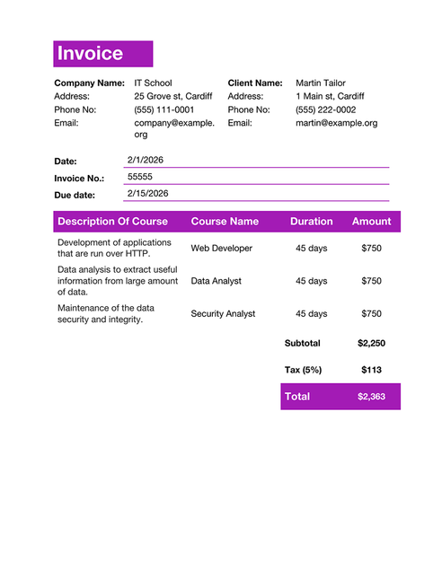 Training course quotation free template