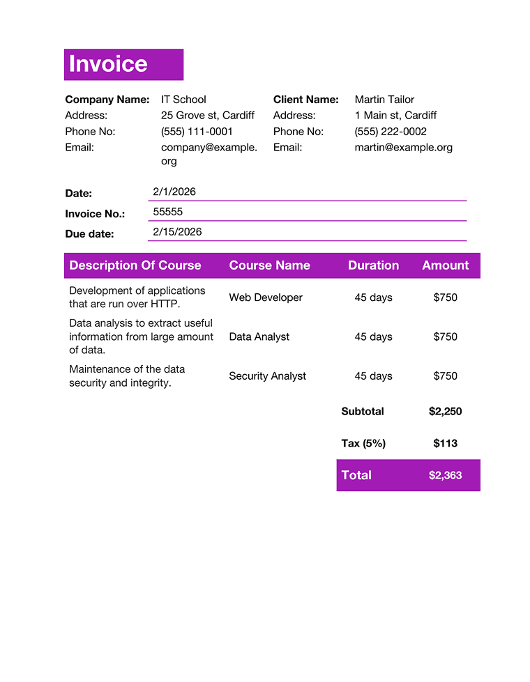 Training course invoice