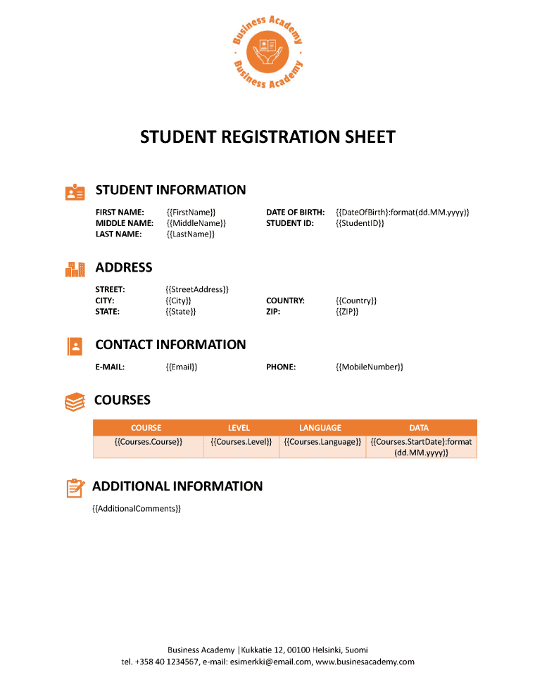 Free student registration sheet template in PDF or Word format.